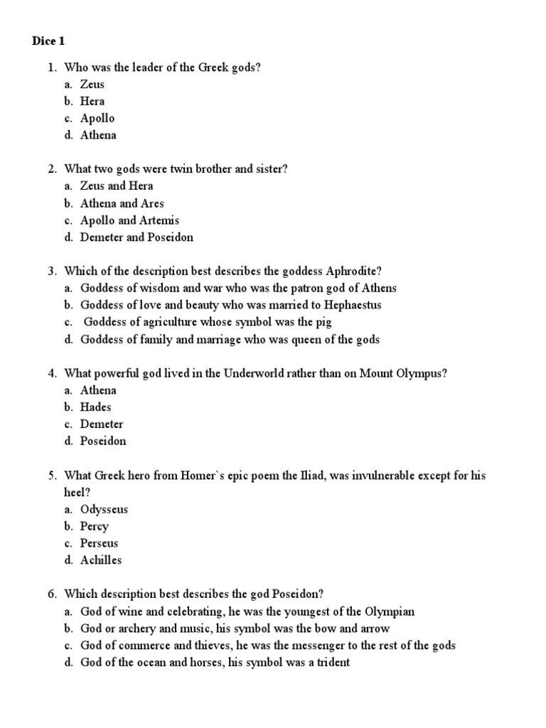 Greek Gods and Mythology Quiz | PDF | Twelve Olympians | Hades