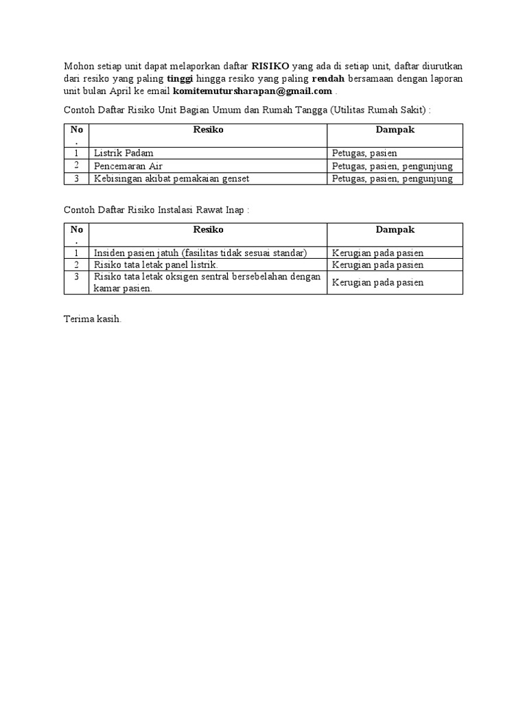 Pengumpulan Daftar Risiko Unit | PDF