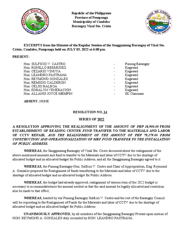 Barangay Vizal Sto. Cristo approves fund realignment | PDF | Government