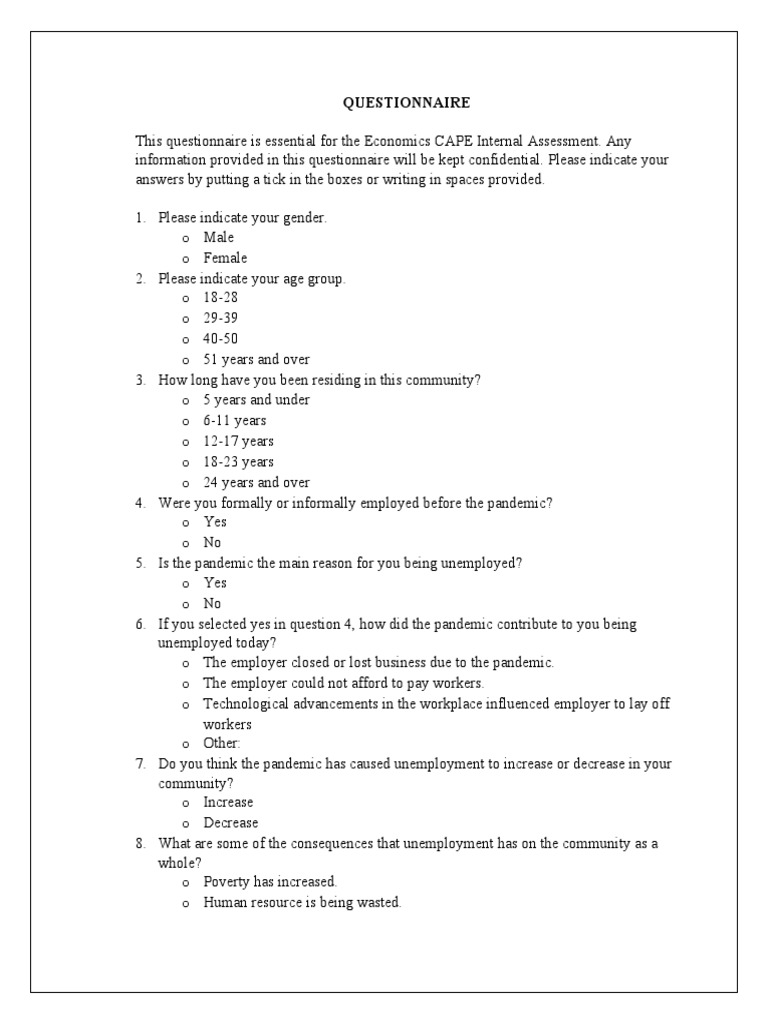 QUESTIONNAIRE Economics I.A. | PDF