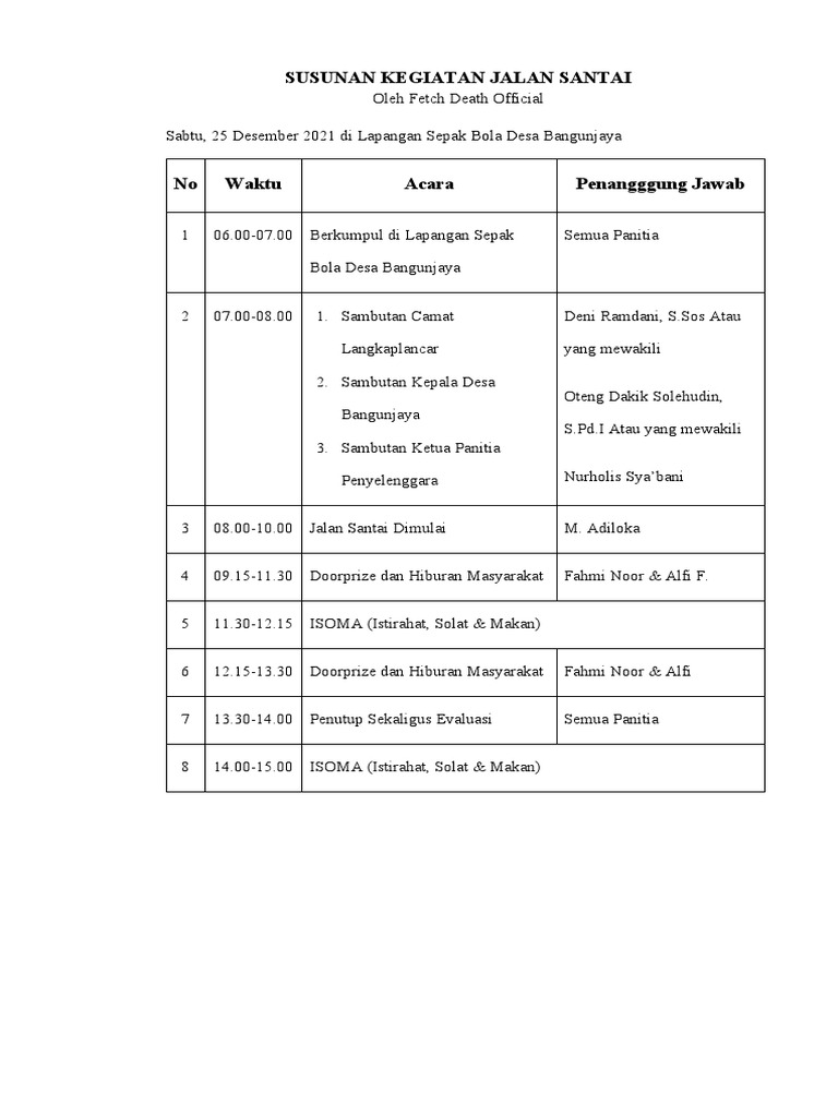 Rundown Kegiatan Jalan Santai Dan Doa Bersama 2021 | PDF