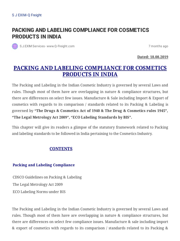 Packing and Labeling Compliance For Cosmetics Products in India | PDF ...