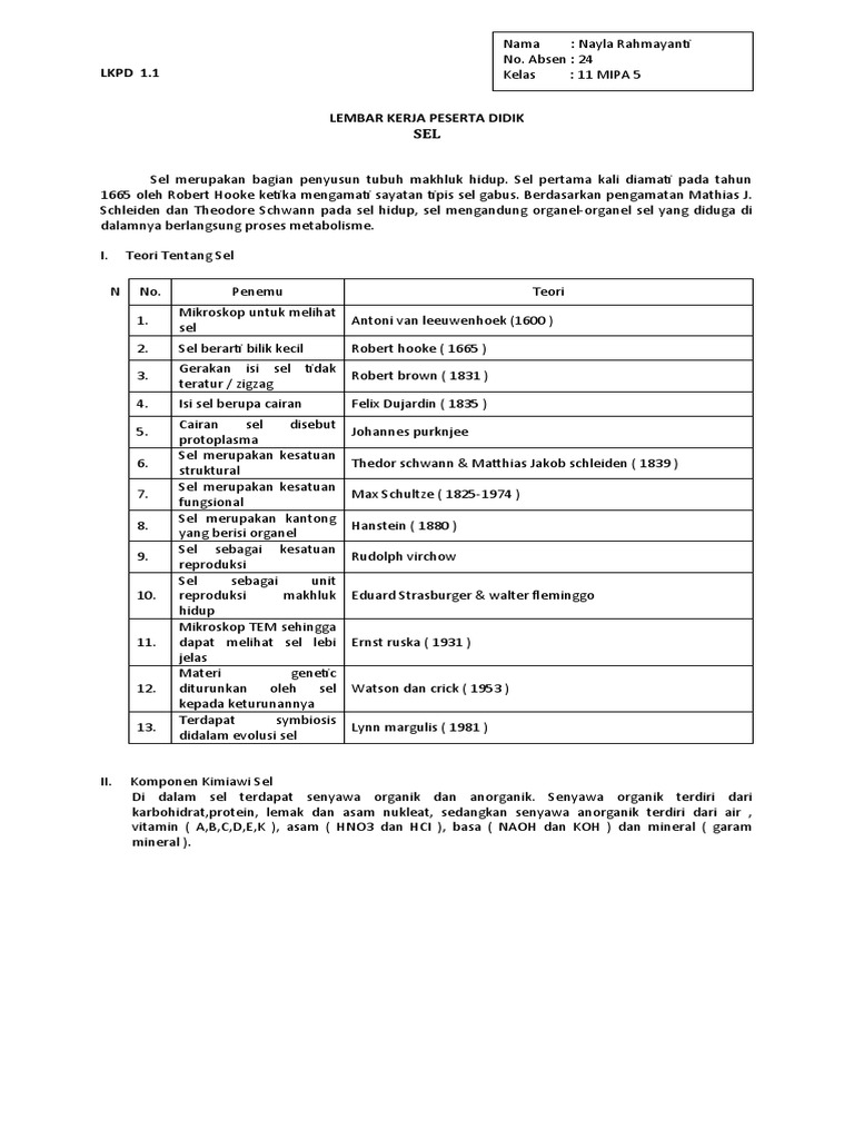 Biologi - LKPD Sel | PDF