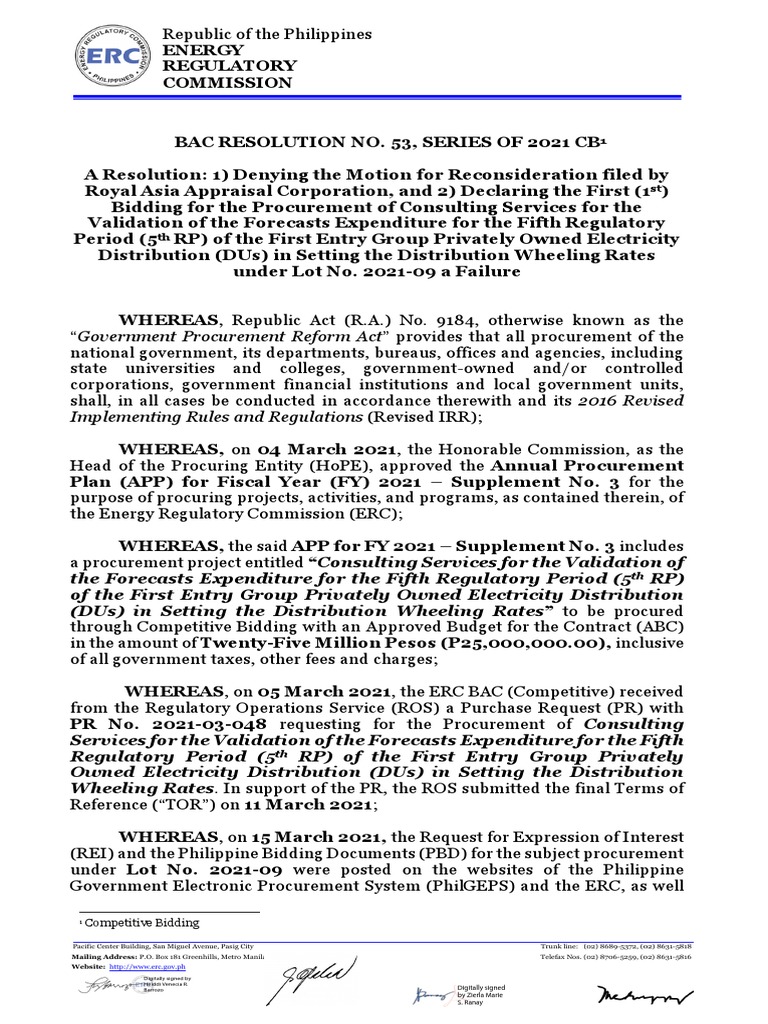 BAC Resolution No. 53-Denying MR RAAC and Declaring Failure of Bidding ...