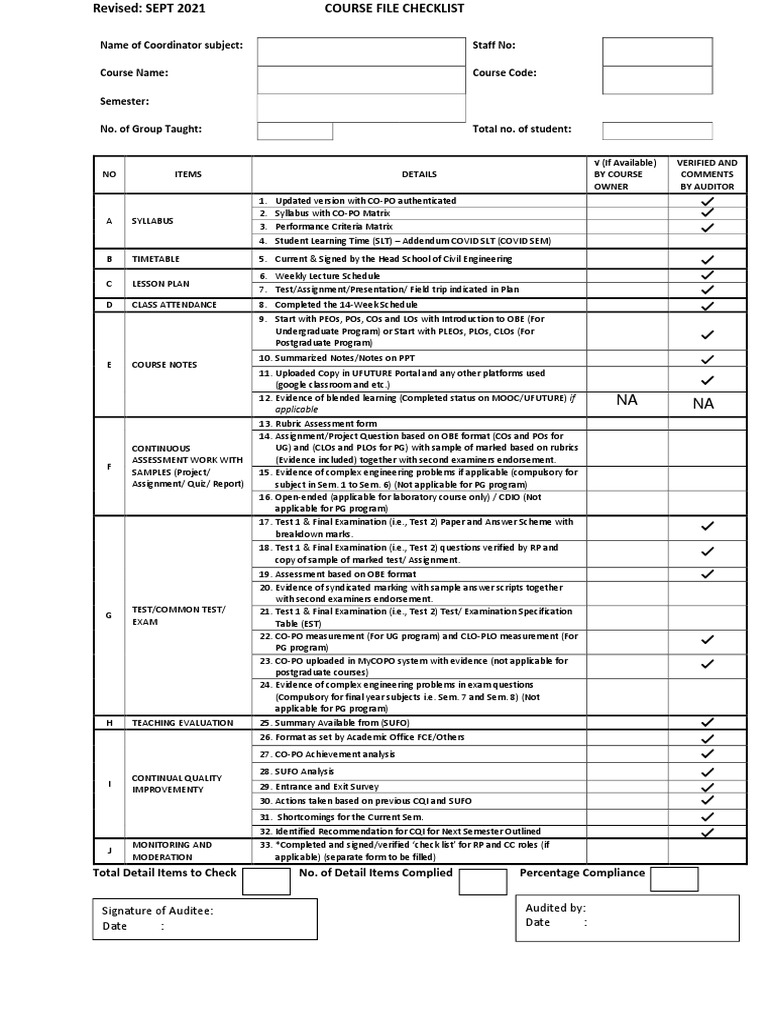 Coursefile - Checklist - Revised SEPT 2021 | PDF | Test (Assessment ...