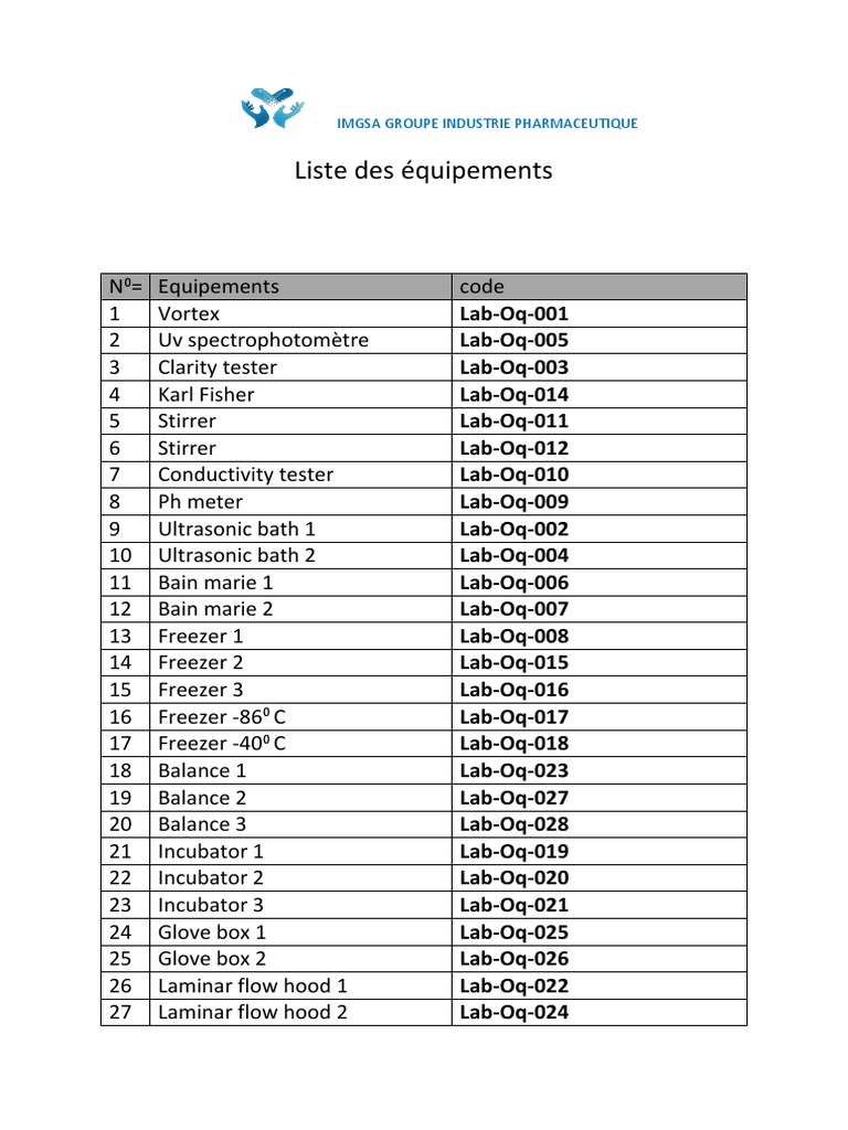 Liste Des Équipements: Imgsa Groupe Industrie Pharmaceutique | PDF