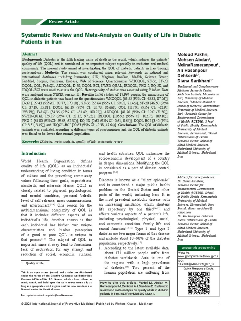 (REVISIÓN, 2021) Systematic Review and Meta‑Analysis on Quality of Life in Diabetic | PDF ...