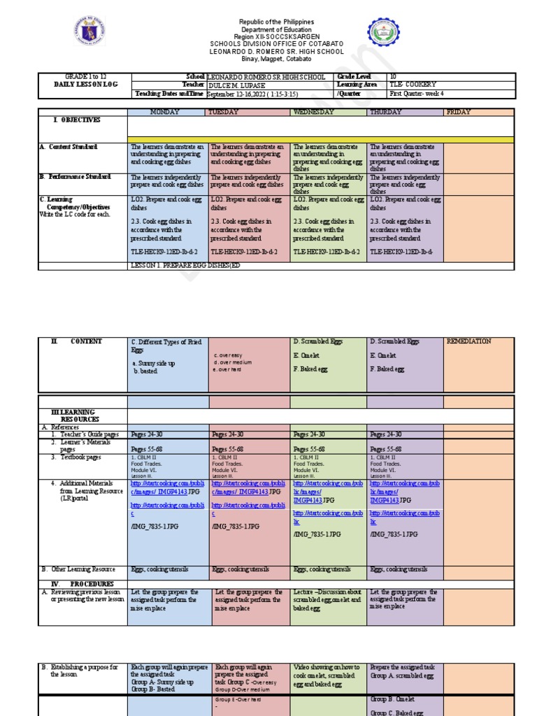 DLL Tle Cookery Grade10 Quarter1 Week4 Palawan Division | PDF | Egg As ...