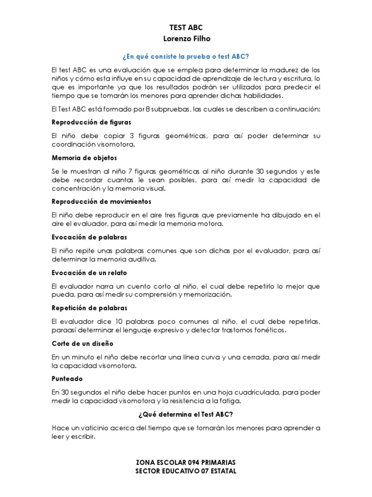 Test ABC: Evaluación de Lectura Infantil | PDF | Aprendizaje | Memoria