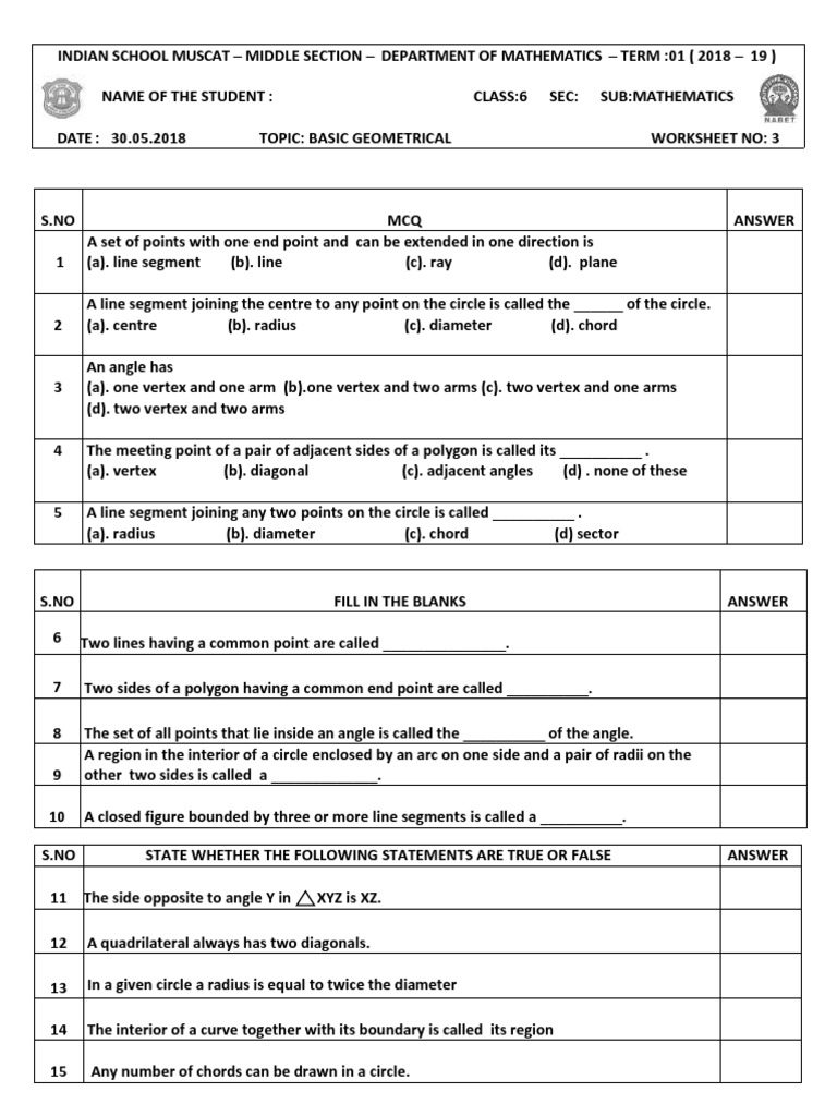 Class 6-Maths-WORKSHEET ON BASIC GEOMETRICAL IDEAS | PDF | Circle ...