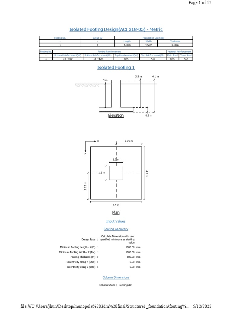 Isolated Footing Design (ACI 318-05) - Metric: Elevation | PDF | Civil ...