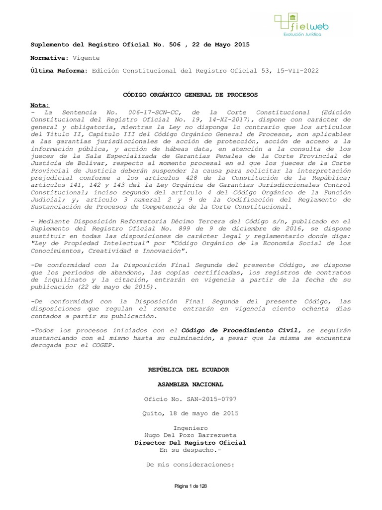 Código Orgánico General de Procesos - Co | PDF | Ley procesal | Procedimiento Civil