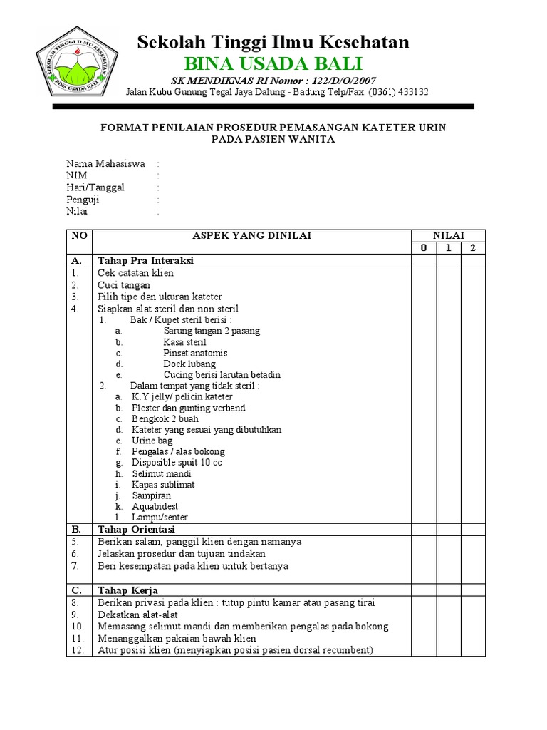 Ceklist Pemasangan Kateter Wanita | PDF