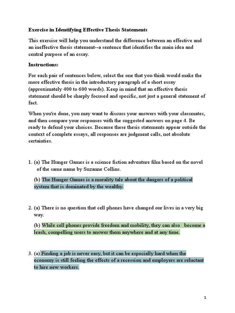 Exercise in Identifying Effective Thesis Statements (SARAH AIESHA) | PDF | Thesis | Essays