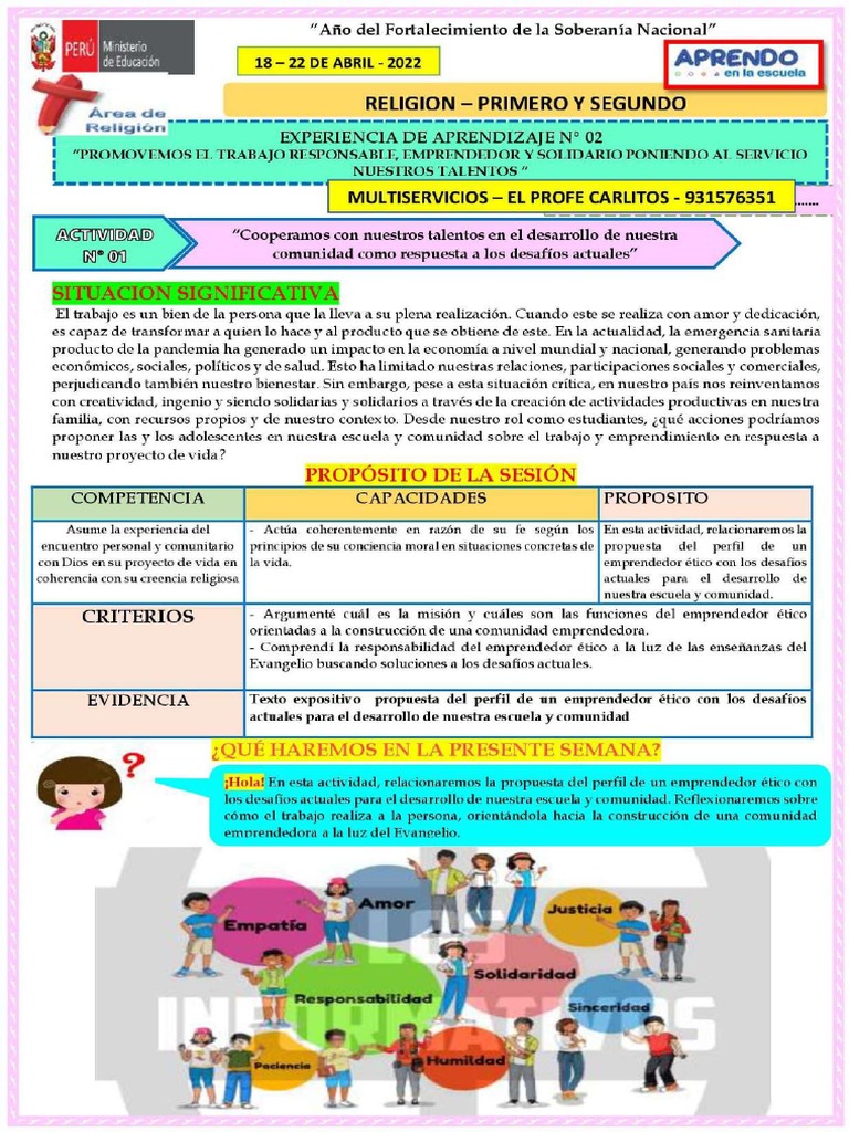Experiencia de Aprendizaje 2 - Actividad 1 - 1ero y 2do - Religion - 2022 - 00001 | PDF