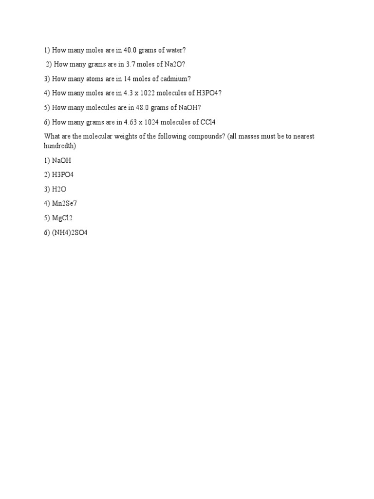 Moles Worksheet | PDF