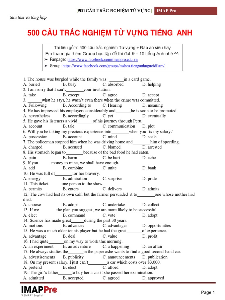 500 câu trắc nghiệm từ vựng IMAP Pro | PDF | Glasses
