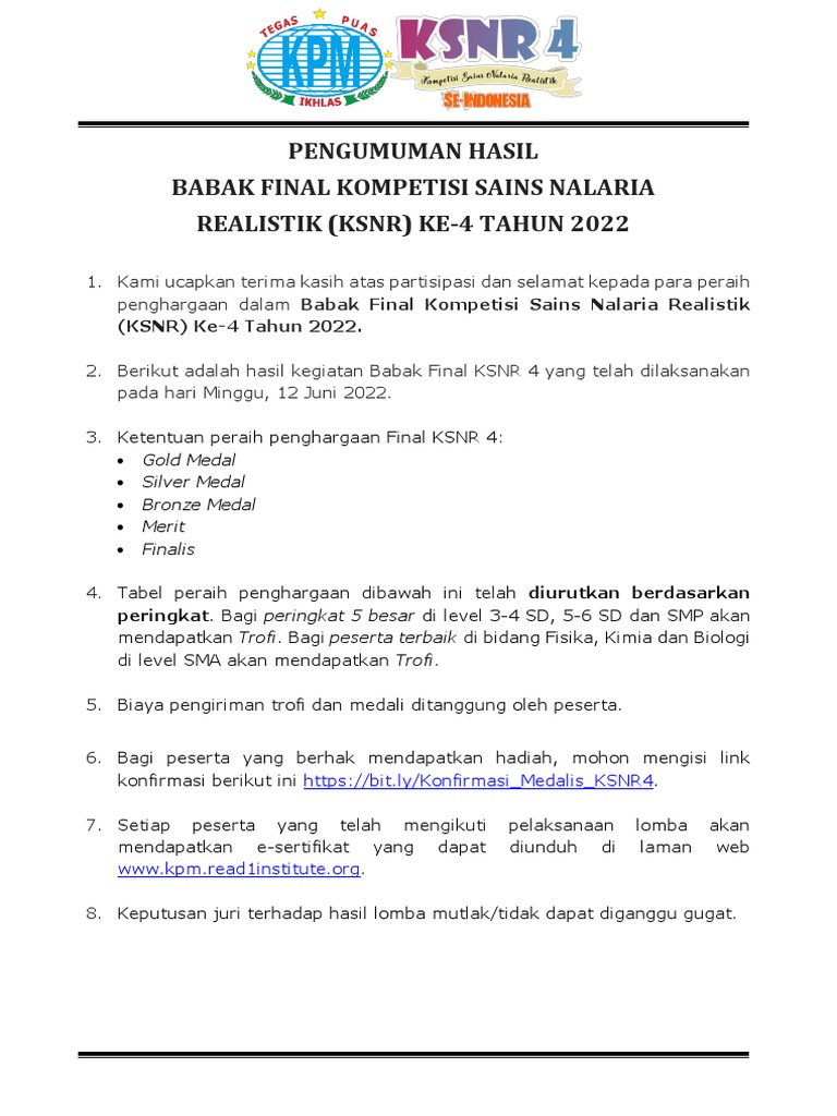 Hasil Babak Final KSNR Level 5-6 SD | PDF