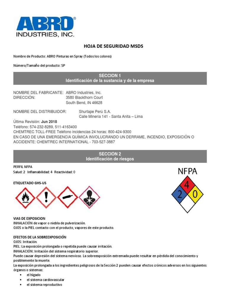 MSDS Pinturas en Spray - ABRO | PDF | Agua | Incendios