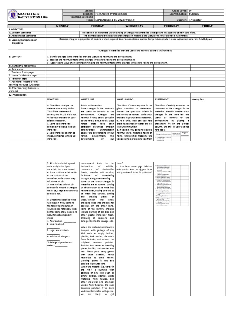 DLL - Science 4 - Q1 - W4 | PDF | Waste | Pollution