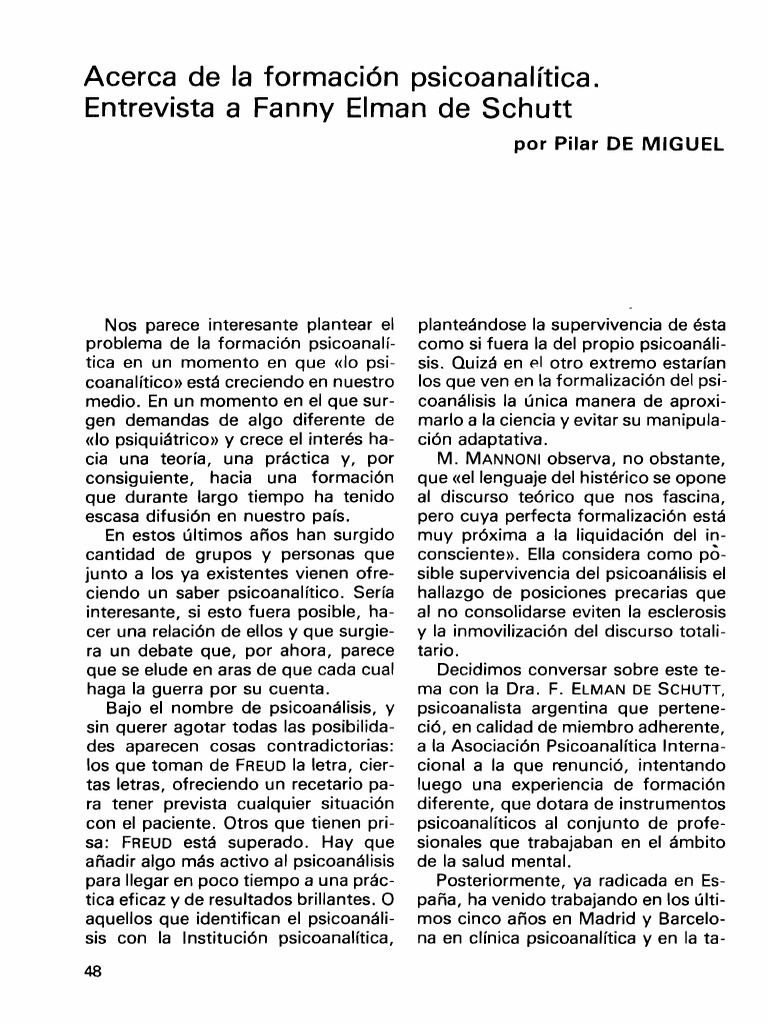 Acerca de La Formación Psicoanalítica. Entrevista A Fanny Elman de Schutt | PDF | Psicoanálisis ...