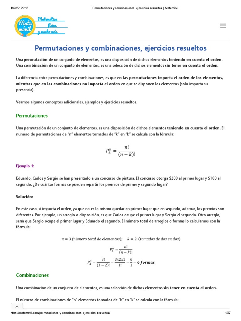Permutaciones y Combinaciones, Ejercicios Resueltos - Matemóvil | PDF | Permutación