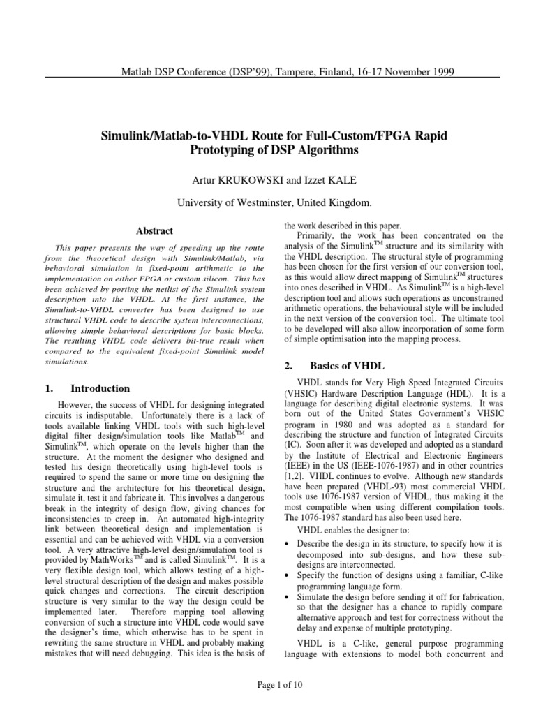 SIMULINK To VHDL For Full Custom FPGA of DSP Algorithms | PDF