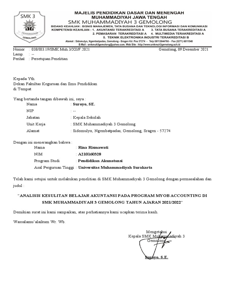 038 - SURAT Balasan Permohonan Penelitian Rina Rismawati UMS | PDF