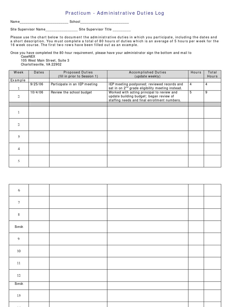 Practicum Administrative Duties Log | PDF