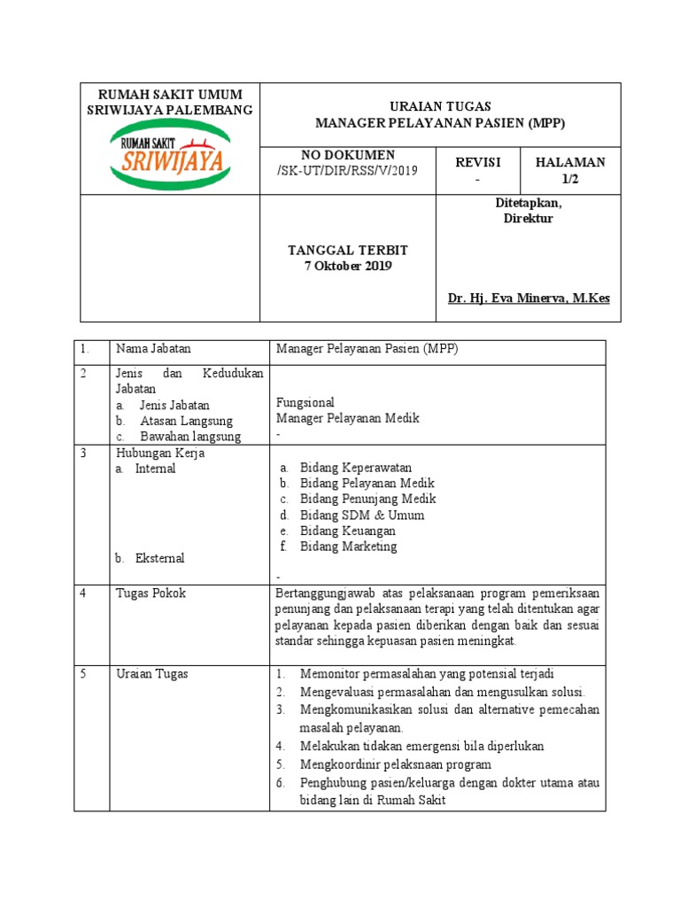 Uraian Tugas - Manager Pelayanan Pasien | PDF