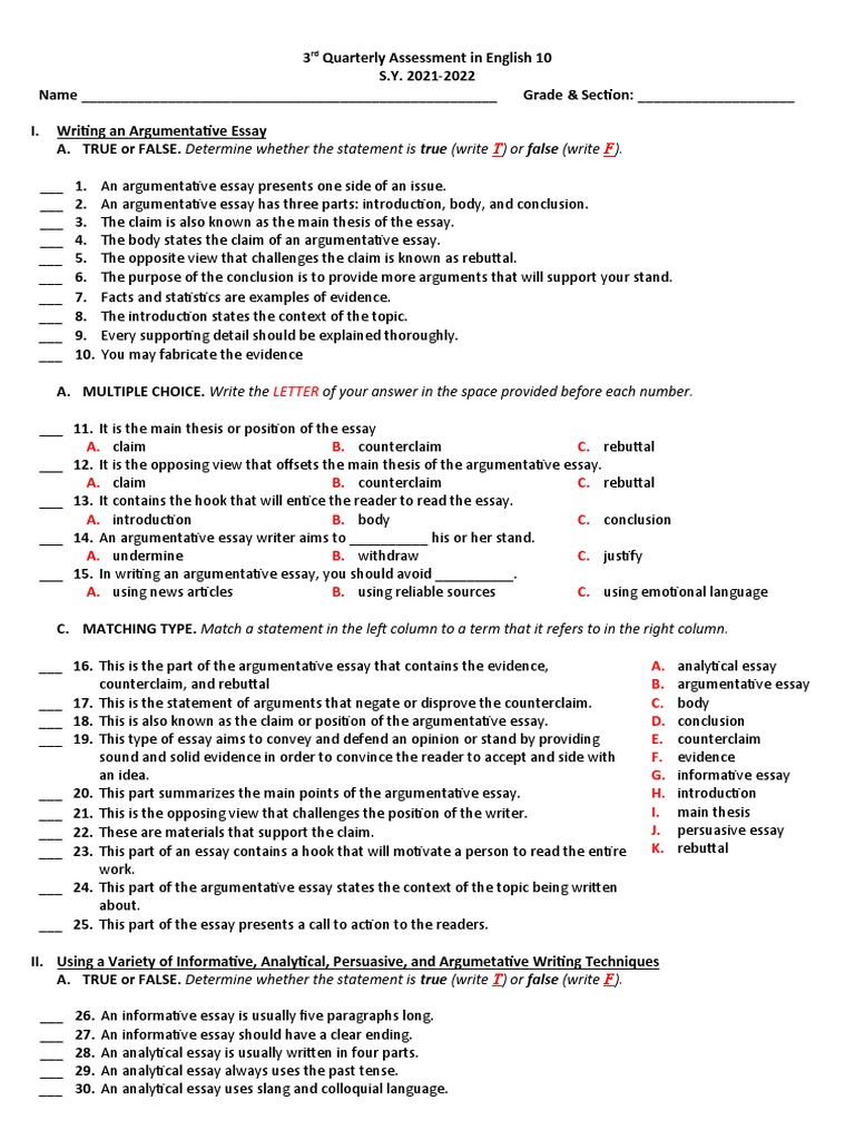 3rd Quarterly Assessment in English 10 A4 | PDF | Essays | Cognition