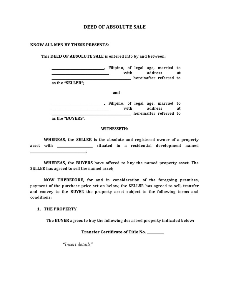 Deed of Sale Template | PDF | Deed | Property Tax