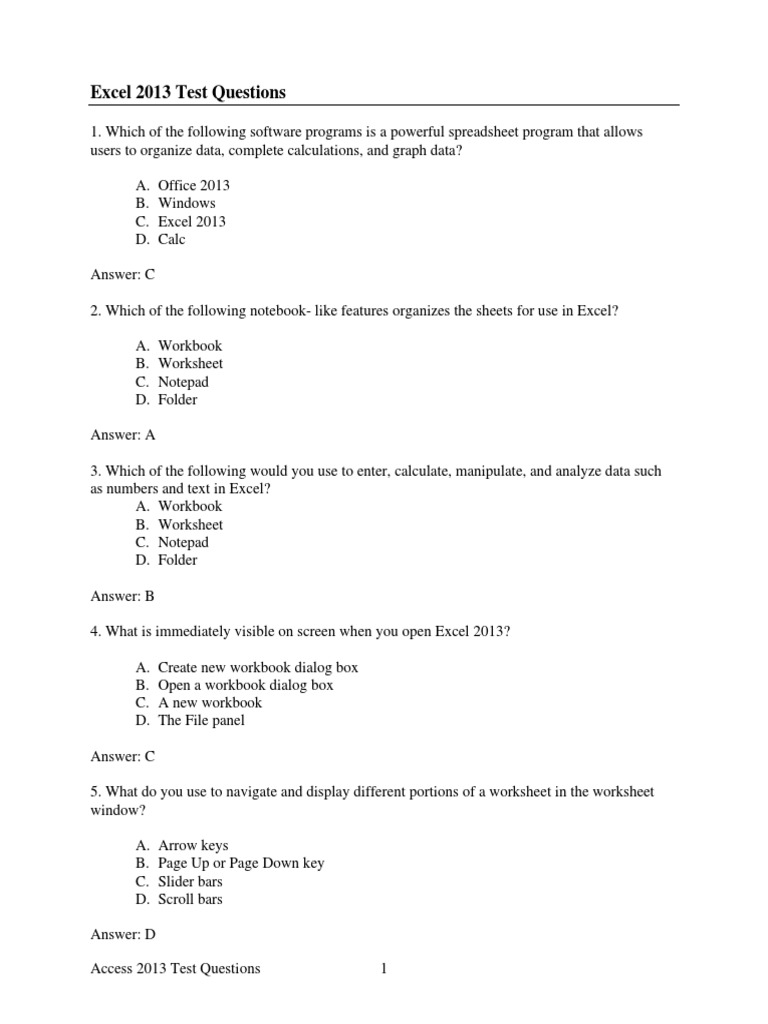 Excel Test Questions Pdf Microsoft Excel Worksheet