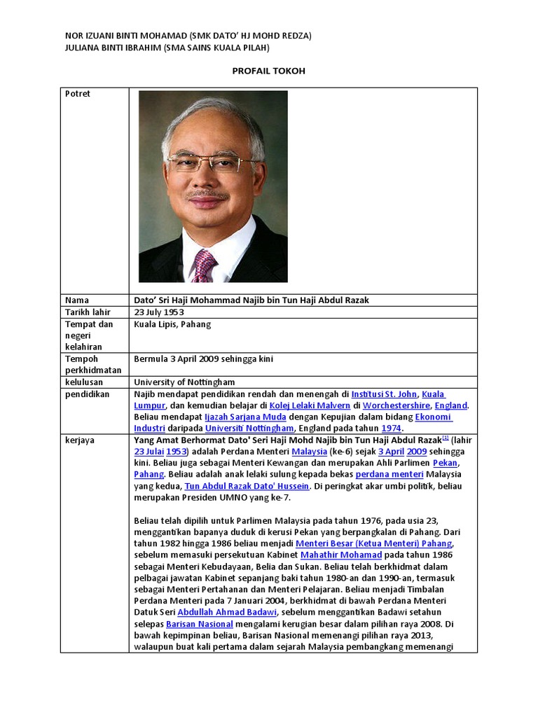 Profail Tokoh Dato' Sri Haji Mohammad Najib Bin Tun HJ Abdul Razak | PDF