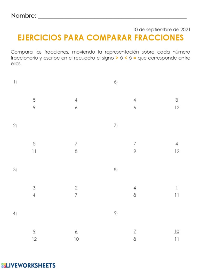 Hoja De Trabajo Para Comparar Fracciones En Una Línea Numérica