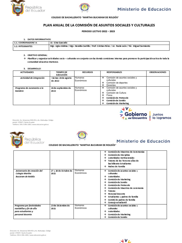 PLAN DE Trabajo ñDE LA COMISIÓN SOCIO - CULTURAL 2022-2023 | PDF