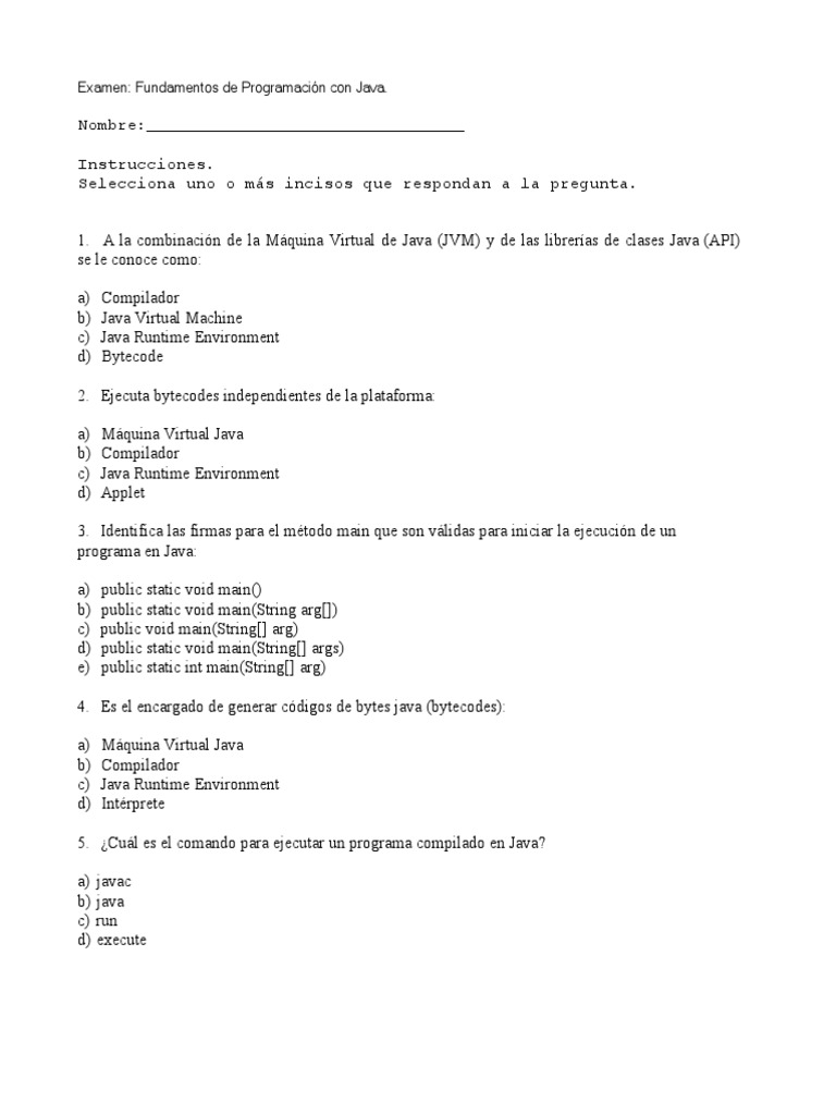Examen | Descargar gratis PDF | Java (lenguaje de programación) | máquina virtual de Java