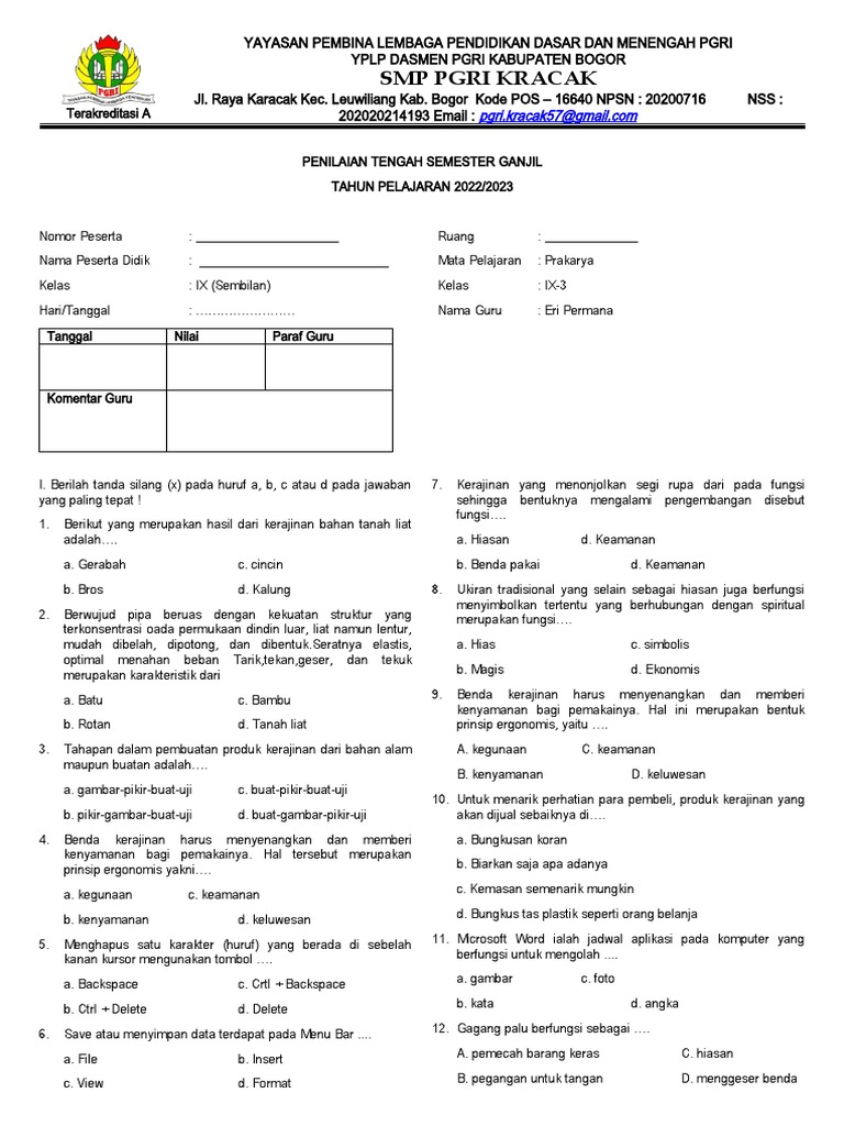 Soal & Kunsi JWB - Pts - PRK - 9 | PDF | Griya & Taman