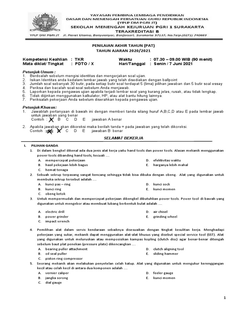 Kop Soal Pat Pdto X 2021 | PDF | Teknologi & Rekayasa