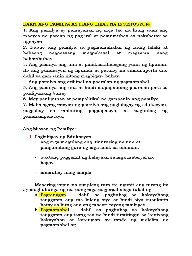 Bakit Ang Pamilya Ay Isang Likas Na Institusyon | PDF