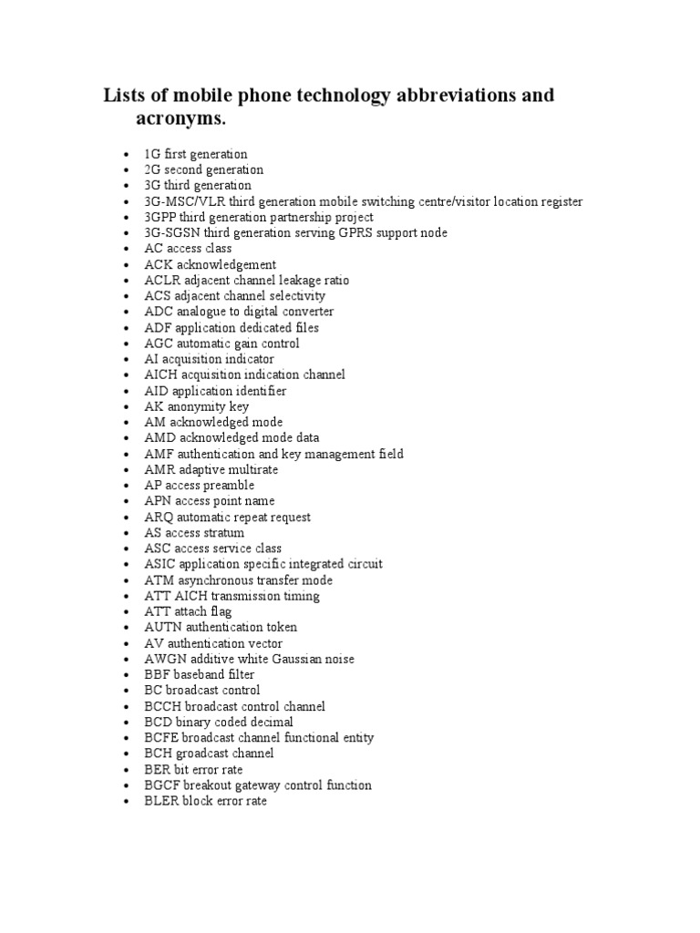 Lists of Mobile Phone Technology Abbreviations and Acronyms | PDF ...