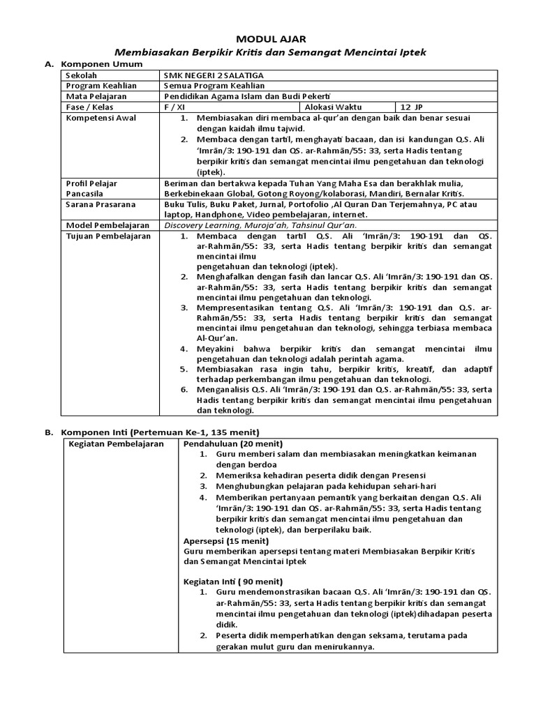 Modul Ajar Kelas 11 Al-Qur'an-Hadis | PDF