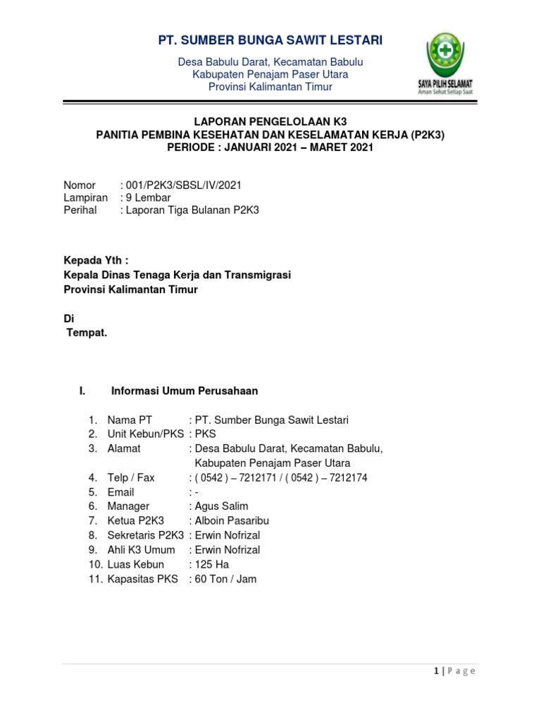 02 Laporan P2K3 PT. SBSL Triwulan I 2021 | PDF