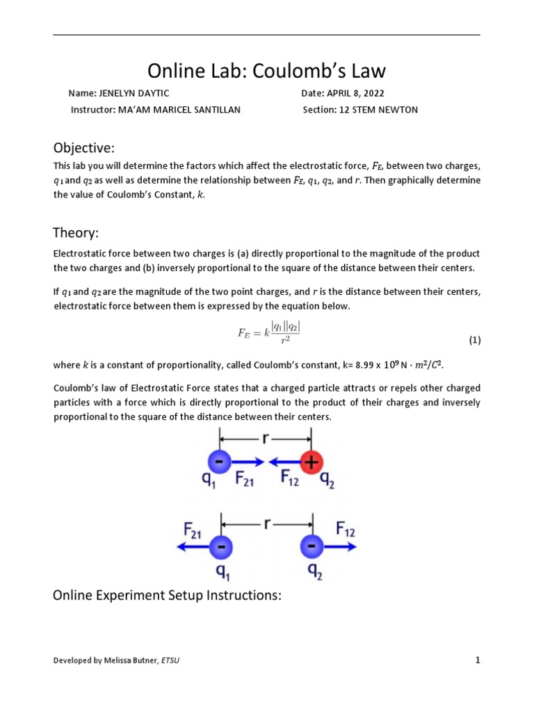 Coulomb's Law Online Lab Report | PDF | Force | Electric Charge