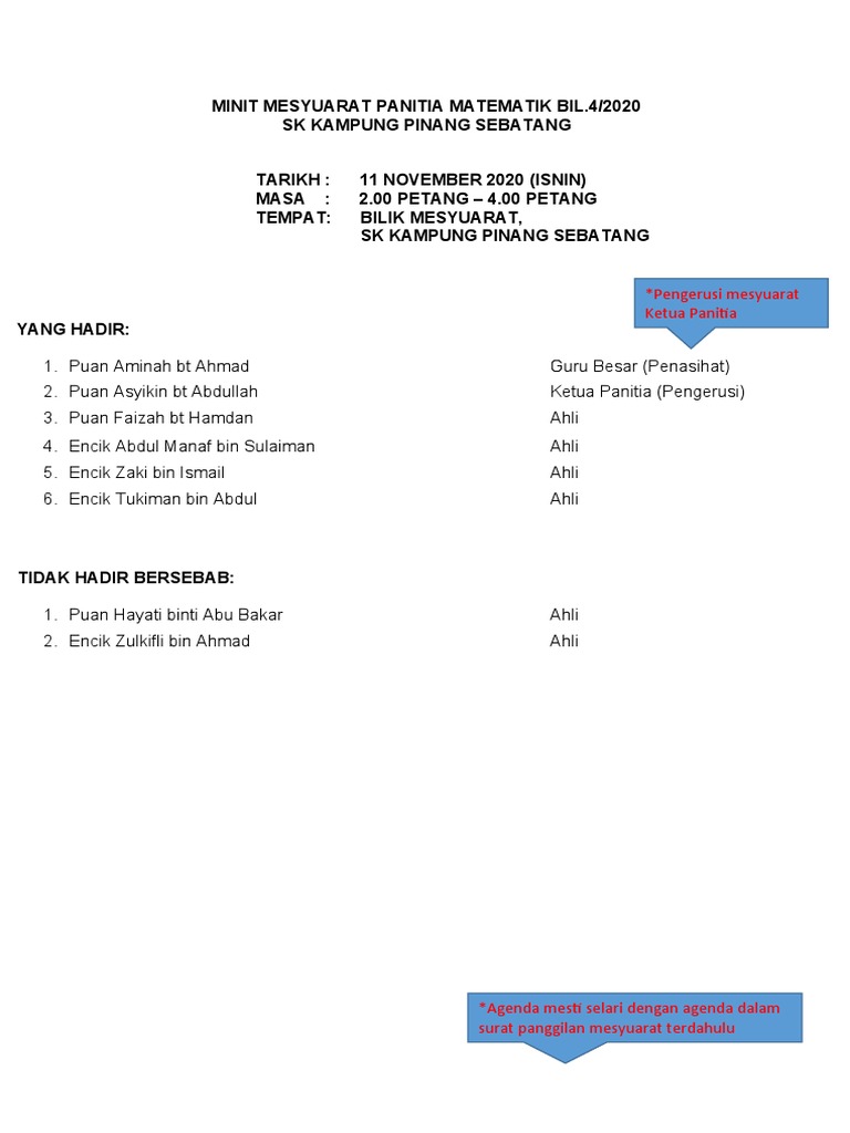 Contoh Minit Mesyuarat Taklimat KP | PDF