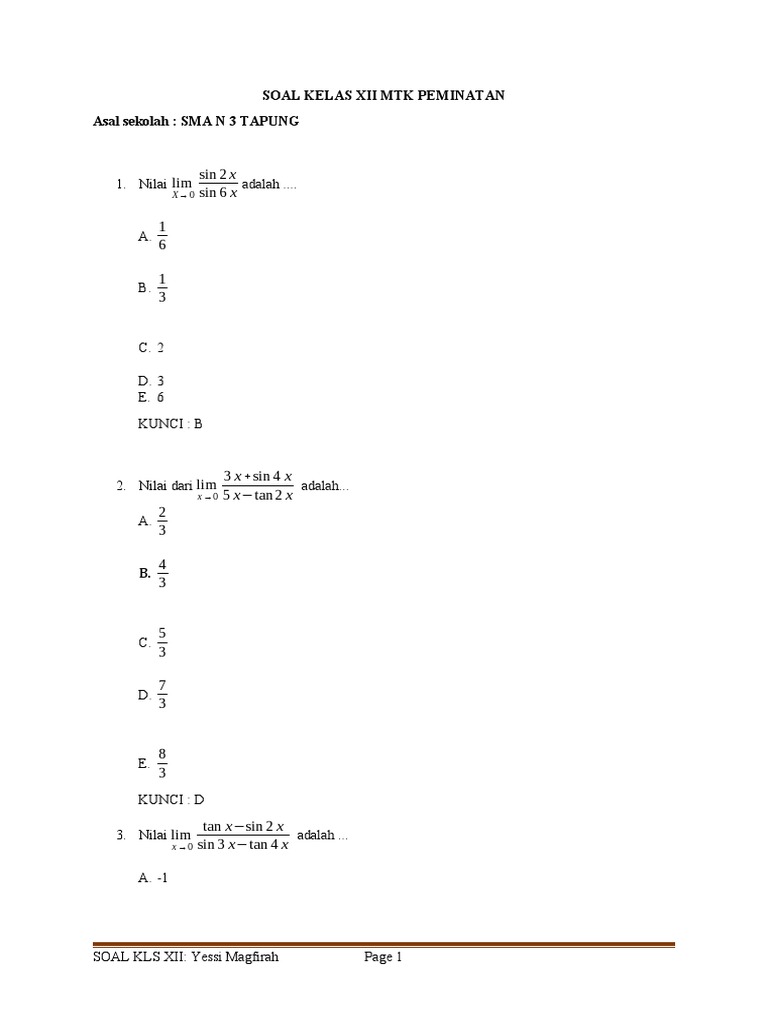 SOAL KELAS XII MTK PEMINATAN LENGKAP Oke | PDF