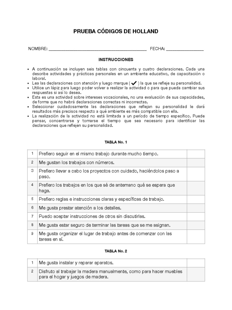 Prueba Códigos de Holland | PDF | Terapia de conducta cognitiva | Sicología