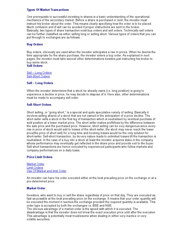 Types of Market Transactions | PDF | Order (Exchange) | Short (Finance)