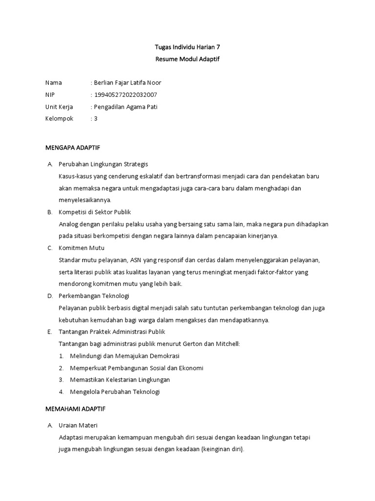 Tugas Individu 1 Dan 2 Hari Ke7-Berlian Fajar-Kelompok 3-PA Pati-Resume Modul Adaptif Dan ...