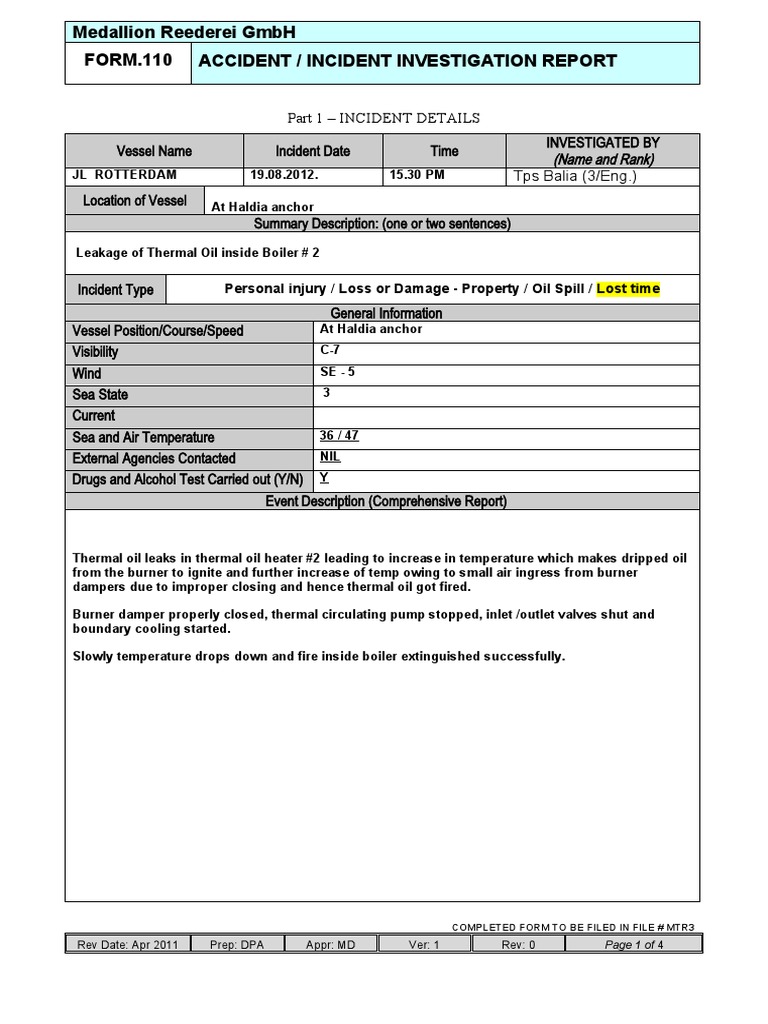 FORM.110 Accident Incident Investigation Report | PDF | Boiler | Fires